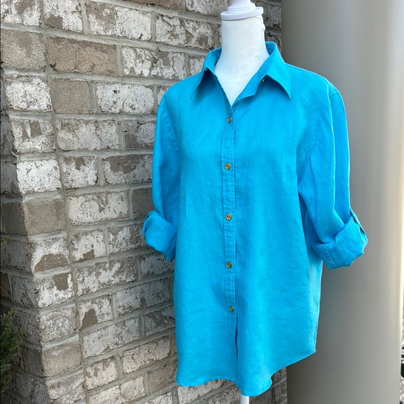 Chaps | Tops | Chaps Vibrant Blue Linen Shirt With Gold Tone Buttons ...